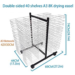 Art Drying Rack for Classroom, Mobile Paint Drying Rack Double-Sided 40 Shelves Metal Artwork Storage Display Rack Canvas Stack Rack with Wheels for Schools, Art Studios
