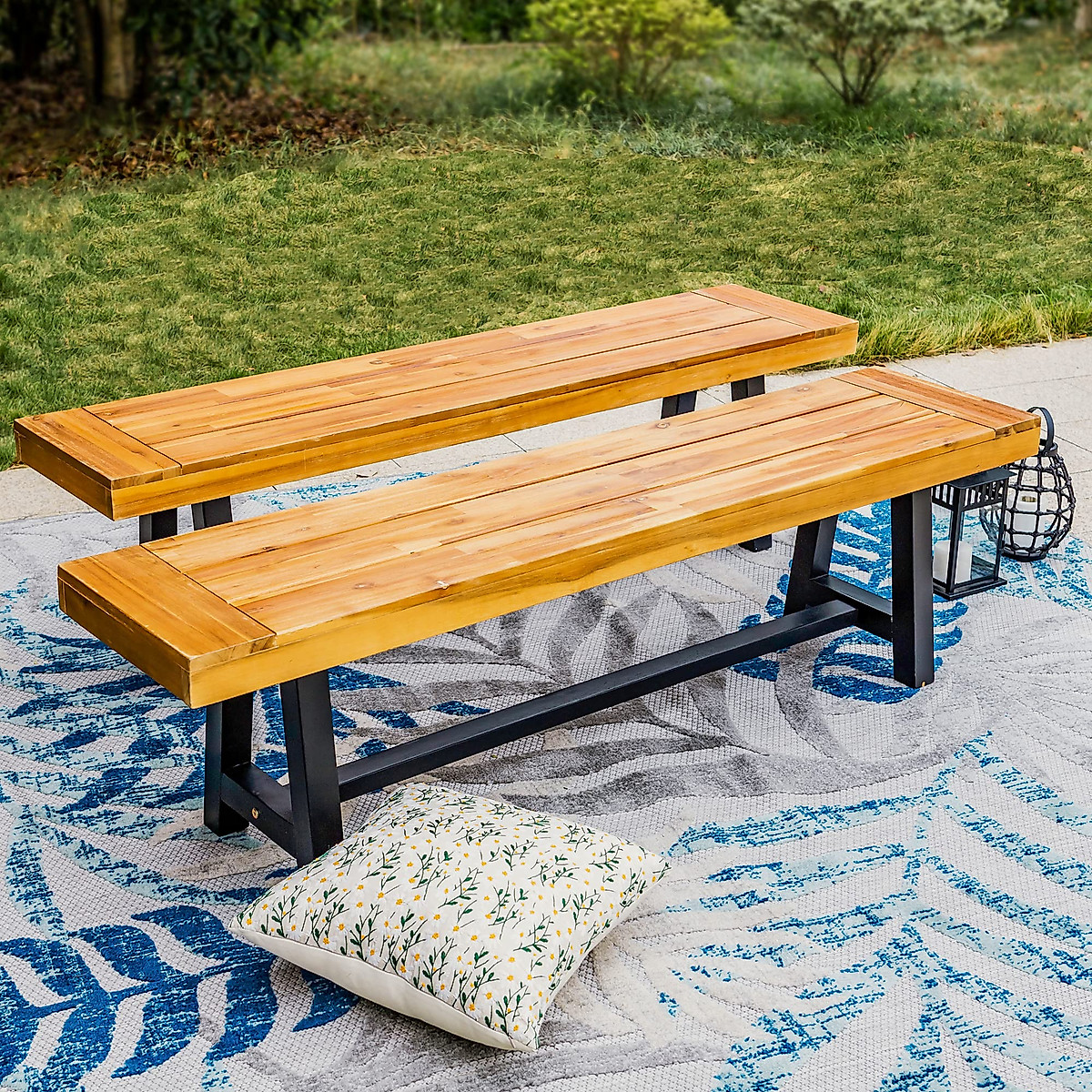 PHI VILLA Outdoor Acacia Wood Bench, 2 Piece 63" Long Patio Dining Picnic Bench for 6 People, Backless Oil Finished Teak Bench Supports 550lbs, Classic Brown and Black