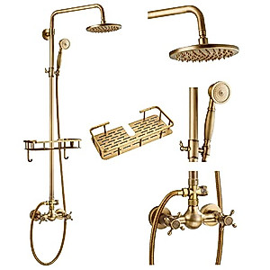 gotonovo Antique Brass Exposed Bathroom Shower Faucet 8 inch Rainfall Shower Head Wall Mounted with Shower Shelf Double Cross Handles Adjustable Handheld Sprayer Shower Shower System Dual Functions
