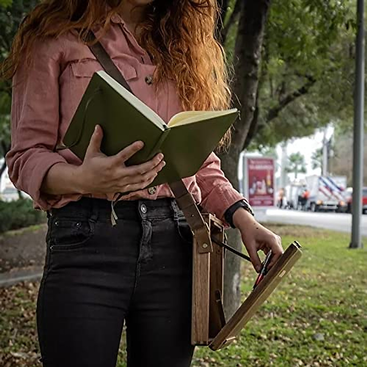 EUKK Writers Messenger, Multi-Function Artist Tool and Brush Storage Retro Wooden Handmade Portable Crossbody Postman Bag, Carry-on Box with Lid for Anyone That Loves Writing