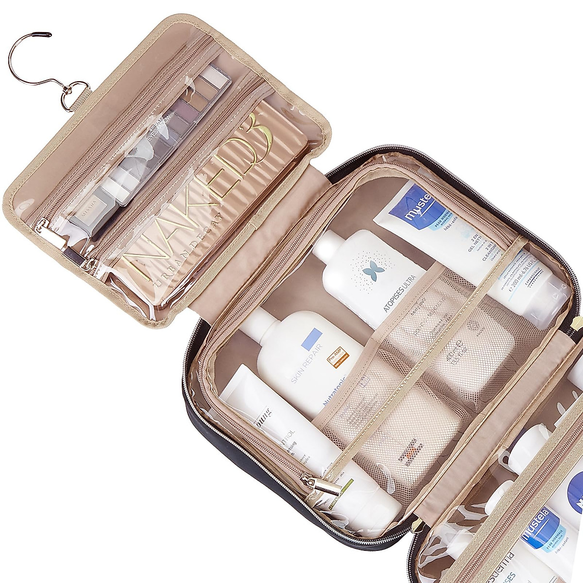 NISHEL Travel Toiletry Bag for women, Portable Hanging Organizer for Full-Sized Shampoo, Conditioner, Brushes Set, Travel-Size Accessories, Black