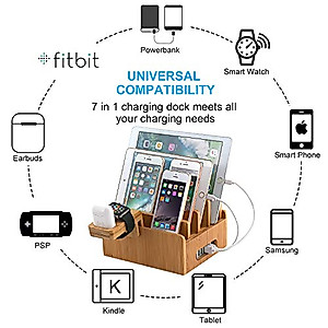Pezin & Hulin Bamboo Charging Stations for Multiple Devices, Upgrade Desk Docking Station Organizer for Cell Phones, Tablet, Smart Watch & Earpods Stand (Includes 6 Cables BUT NO Power Supply Charger)