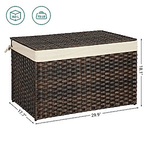 SONGMICS Storage Basket with Lid, Rattan-Style Storage Trunk with Cotton Liner and Handles, for Bedroom Closet Laundry Room, 29.9 x 17.1 x 18.1 Inches, Brown URST76BR