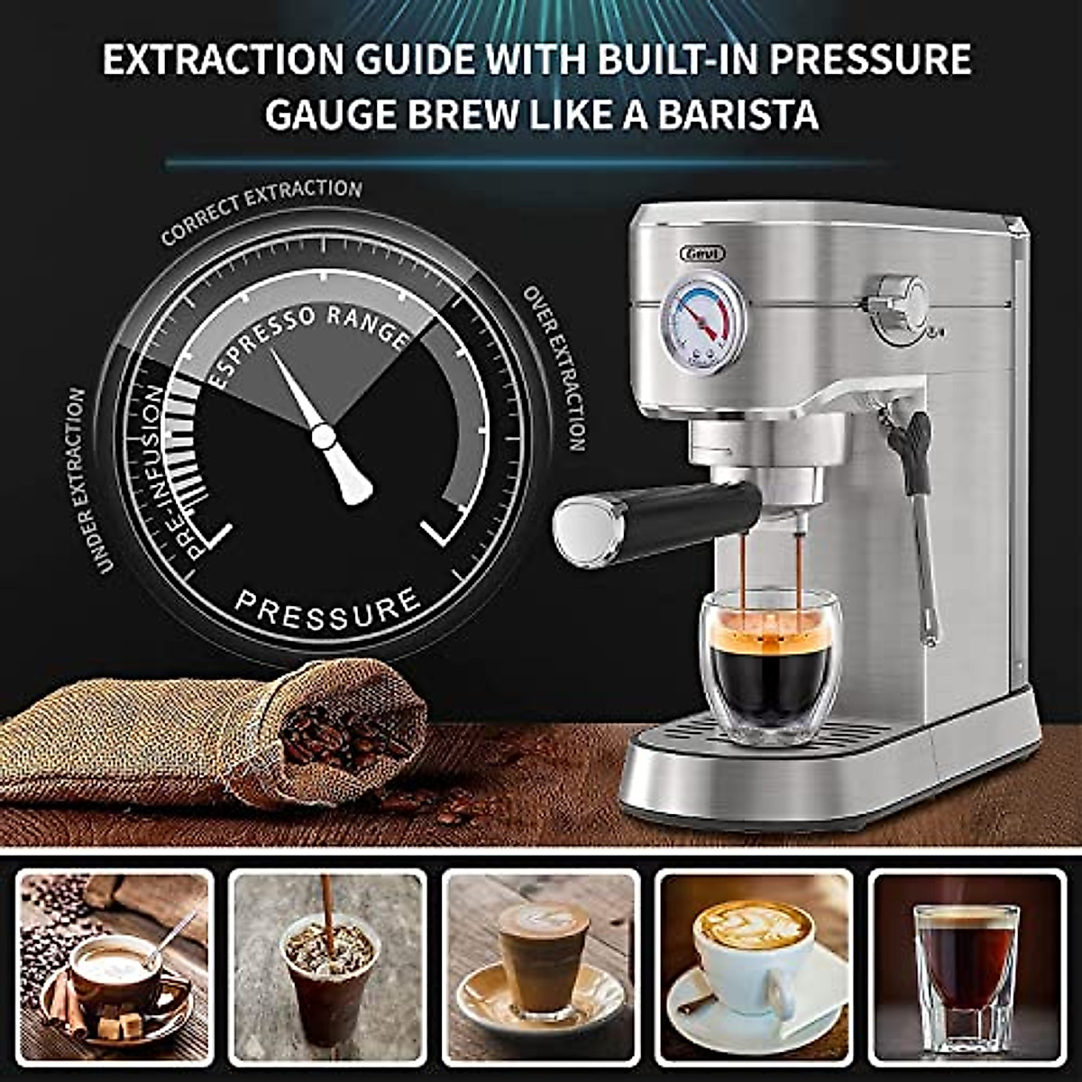 Gevi 20 Bar Compact Professional Espresso Coffee Machine with Milk Frother/Steam Wand for Espresso, Latte and Cappuccino, Stainless Steel, 35 Oz Removable Water Tank (Machine)