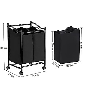 SONGMICS 2 Rolling Sorter, Laundry Basket on Wheels, Hamper with Removable Bags, Total Capacity 90L, Black LSF002BK, Polyester, 50,5 x 41 x 79,9 cm (L x B x H)