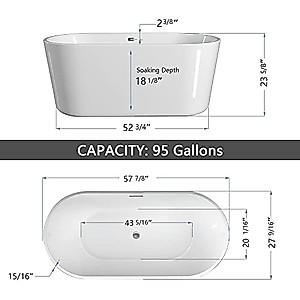 Rizzon Acrylic Free Standing Tub 58" Freestanding Bathtub with cUPC Certified Anti-Cracked Soaking Tub with Brass Drain and Classic Stainless Steel Slotted Overflow Glossy White 58"x28"