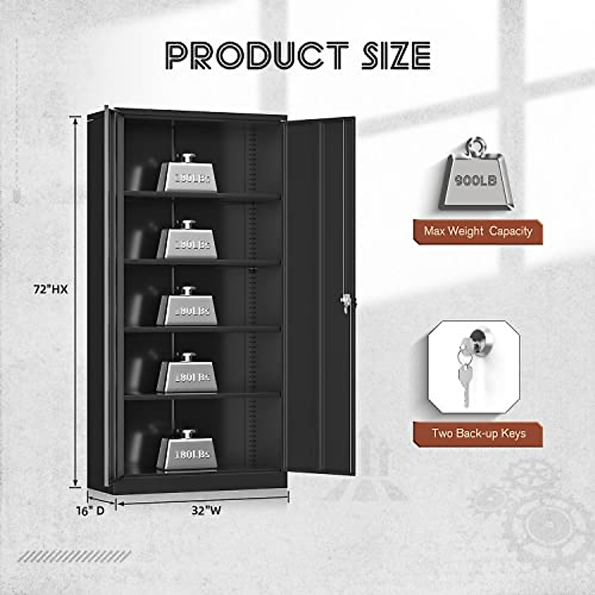 Atripark Metal Storage Cabinet with Lock, Lockable Garage Tool Doors and Shelves, Tall Steel for Garage, Heavy-Duty Black File Home Office, Gym, School 72*36*18 INCH