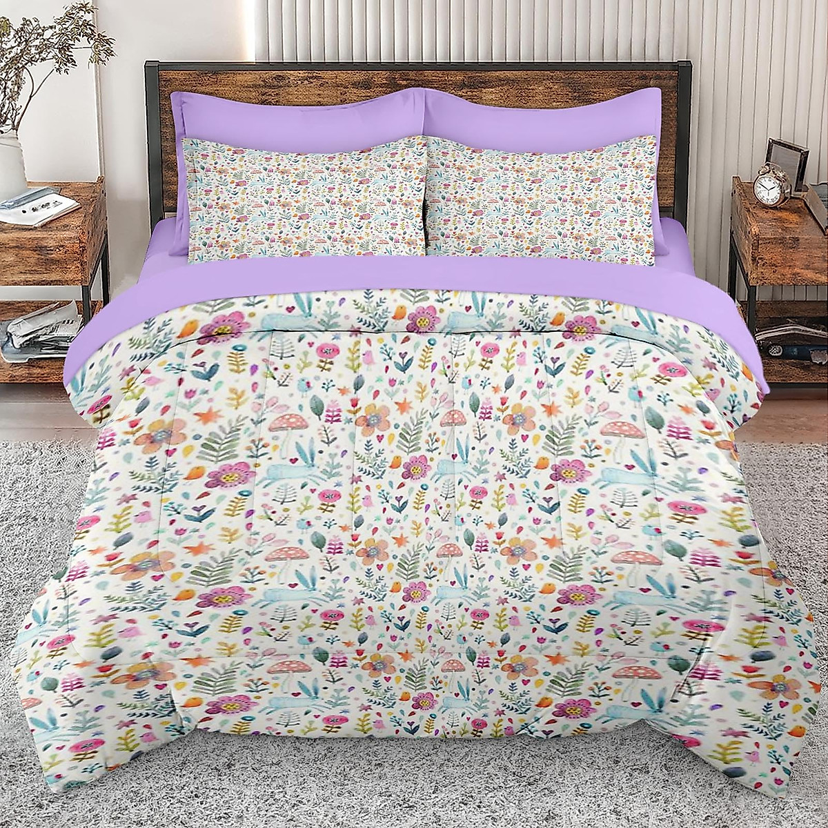 Pinbeam 5 Pcs Comforter Set Twin Size, Vintage Flower Mushroom Bed in a Bag with Flat Sheet and Fitted Sheet for Kids and Adults, Cute Botanical Plant Birds Bedding Set with Pillowcase & Sham