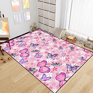 Pink Butterfly Rug - Butterfly Area Rug - Fantasy Butterflies Printed Carpets for Girls Kids Butterfly Theme Living Room Indoor Bedroom Decor 4'5''×6' Soft Polyester Large Yoga Mat