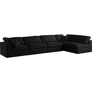 Meridian Furniture Plush Collection Contemporary Down Filled Cloud-Like Comfort Overstuffed Velvet Upholstered Modular L-Shaped Sectional, 5-Seater, Semi-Armless, Black