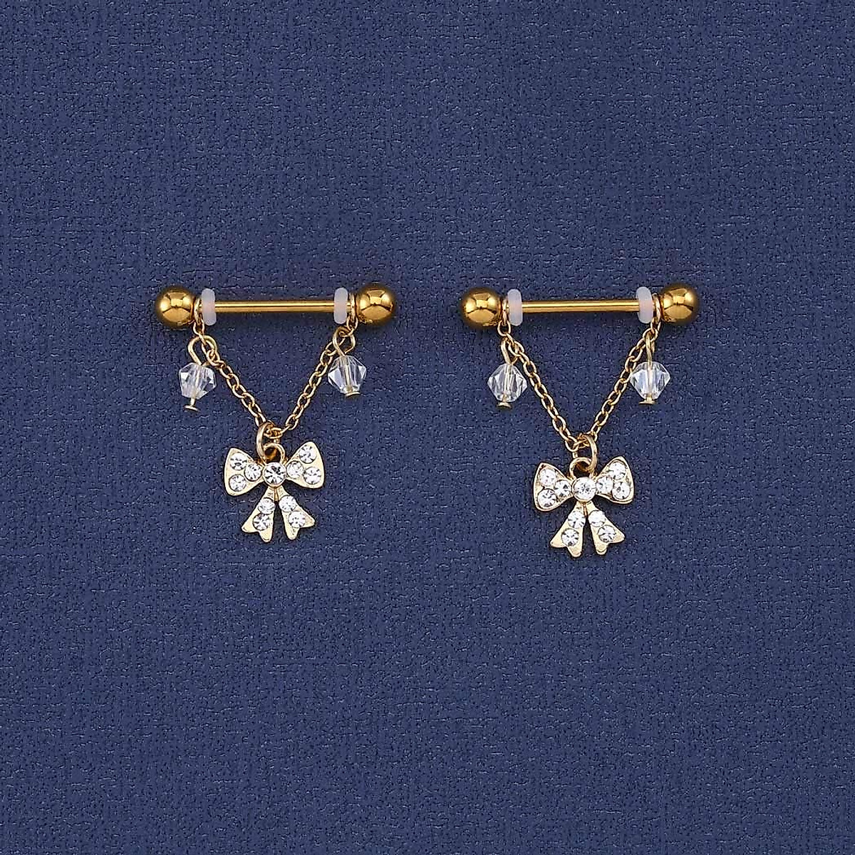Wriidy Nipple Rings Nipple Piercing 316L Surgical Steel Straight Barbell with Dangly Rhinestone Bowknot 14G Body Piercing Accessory for Women and Girls (2 Pcs)