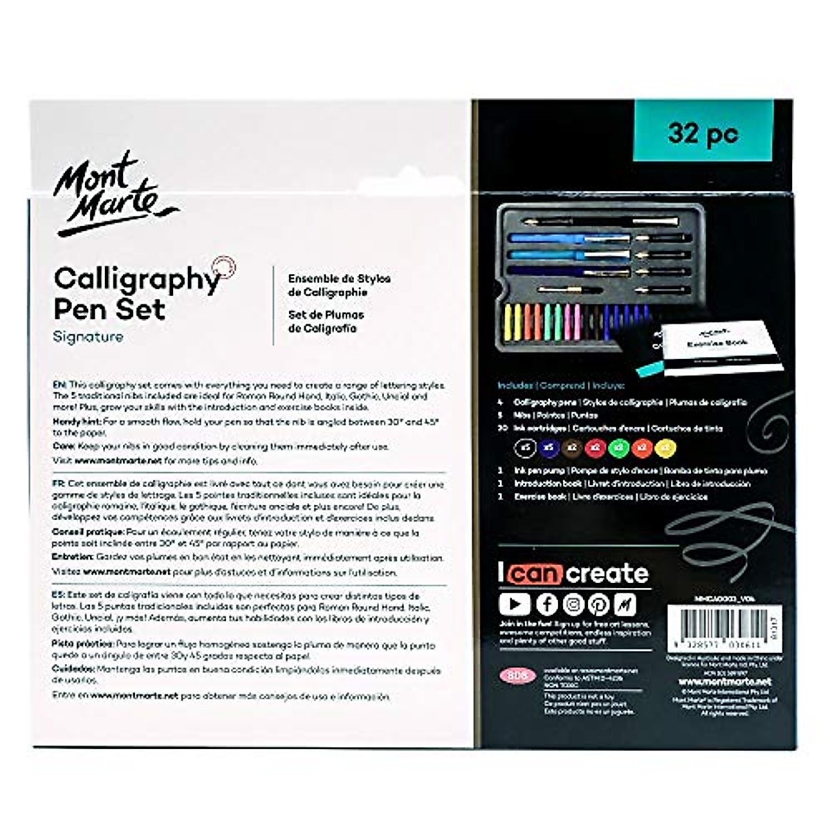 Mont Marte Calligraphy Pen Set, 2PACK, Suitable for Beginners and Kid, Includes Calligraphy Pens, Calligraphy Nibs, Ink Cartridges, and Exercise Workbook
