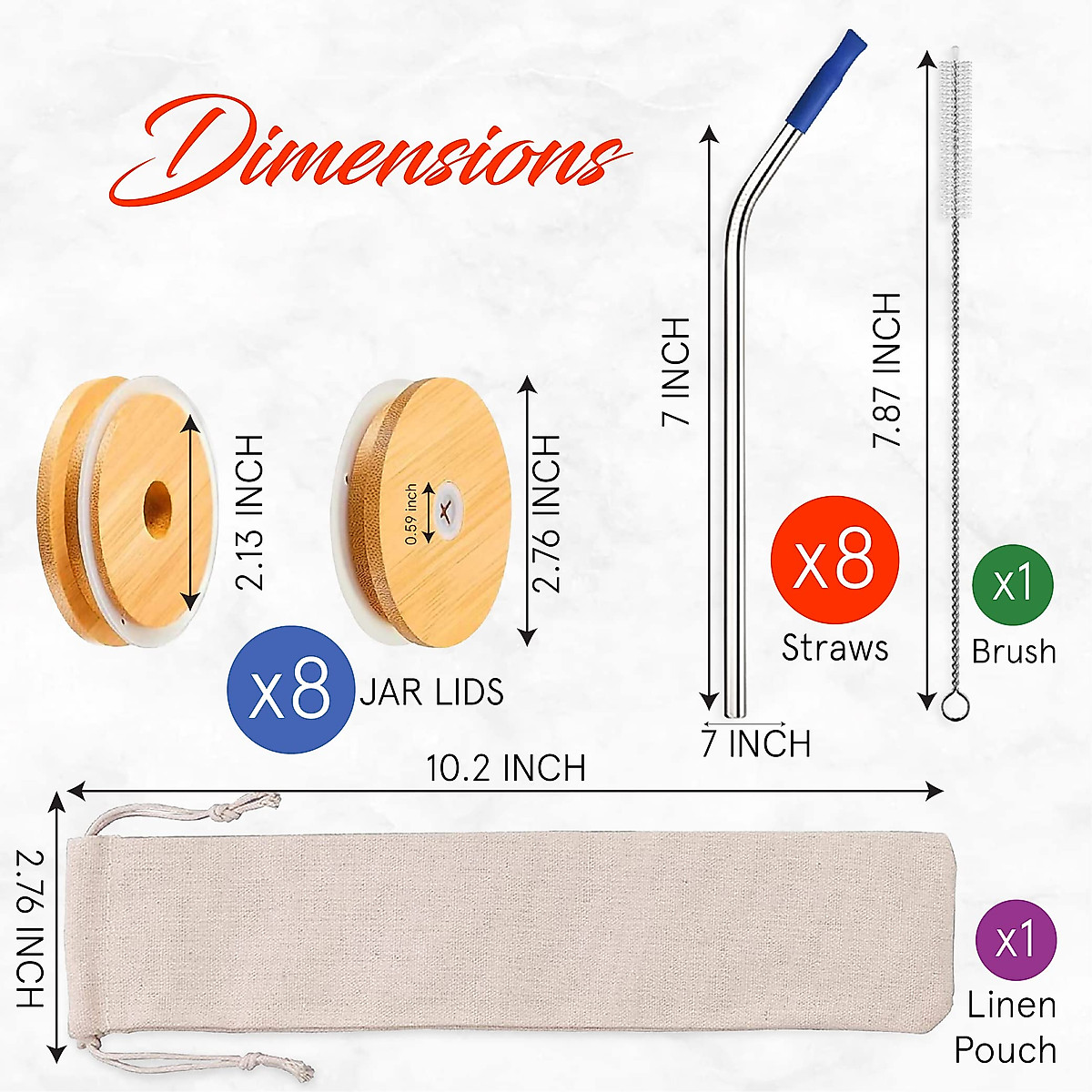 Bamboo Mason Jar Lids with Straw Hole, Stainless Steel Reusable Straws with Colored Silicone Tips, Straw Cleaner Brush and Polyester Bag, 70mm Bamboo Mason Jar Lids (Regular Mouth)