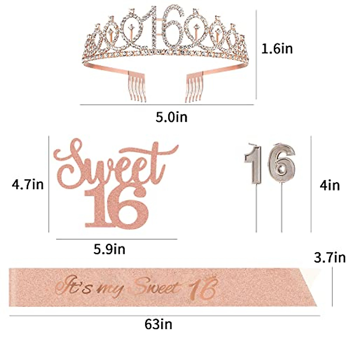 16th Birthday Decorations for Girls,16th Birthday Sash,Crown,Balloons,Candles,Cake Toppers.16th Rose Gold Birthday Gifts for Girls,Rose Gold Birthday Decorations