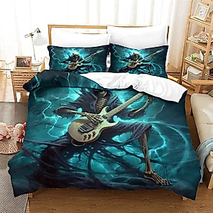 LENTLY Skull Guitar Bedding Set for Childrens and Adults Duvet Cover Set with Pillowcase 3D Print Hip Hop Rock Style Comforter Cover 3 Pieces Soft Microfiber Quilt Cover Twin（173x218cm）