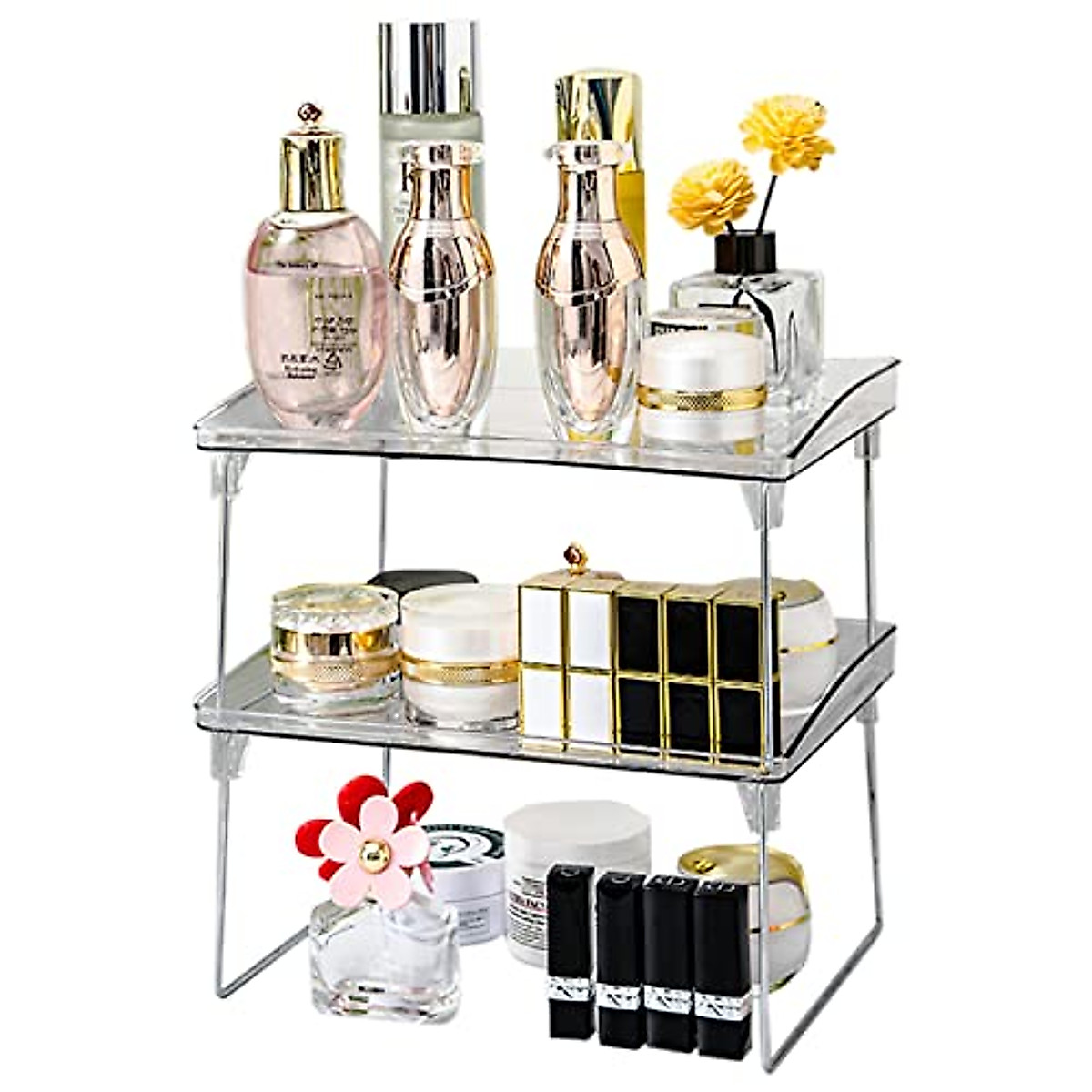 2 Tier Bathroom Countertop Organizer, Folding Stackable Clear Counter Standing Rack Cosmetic Holder Bathroom Counter Shelf Bathroom Trays for Counter Vanity Organizers and Storage Countertop Organizer