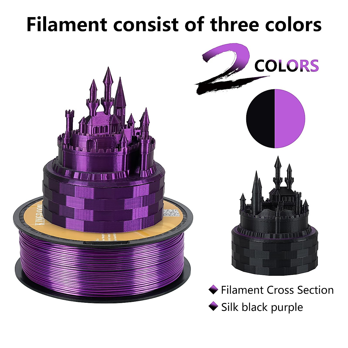 Kingroon PLA 3D Printer Filament, Dual Color Silk PLA Filament, Dimensional Accuracy +/- 0.03 mm, 1kg Spool(2.2lbs), 1.75 mm, Black Purple