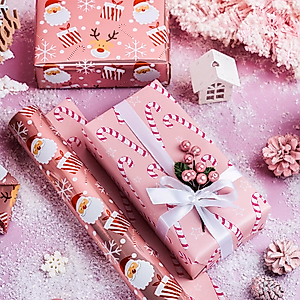 LeZakaa Reversible Christmas Wrapping Paper - Jumbo Roll - Santa Claus & Candy Cane with Metallic Foil in Pink - 24 inches x 100 Feet (200 sq.ft.)