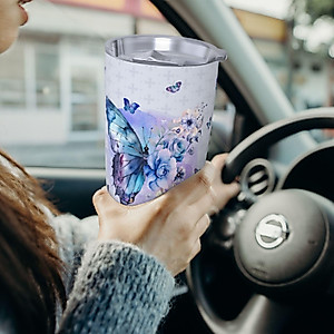 KOPOEELK Christian Butterfly Tumbler for Religious Gifts, Butterfly Christian Birthday Gifts for Women, Stainless Steel Coffee Tumbler Cup Purple 20oz