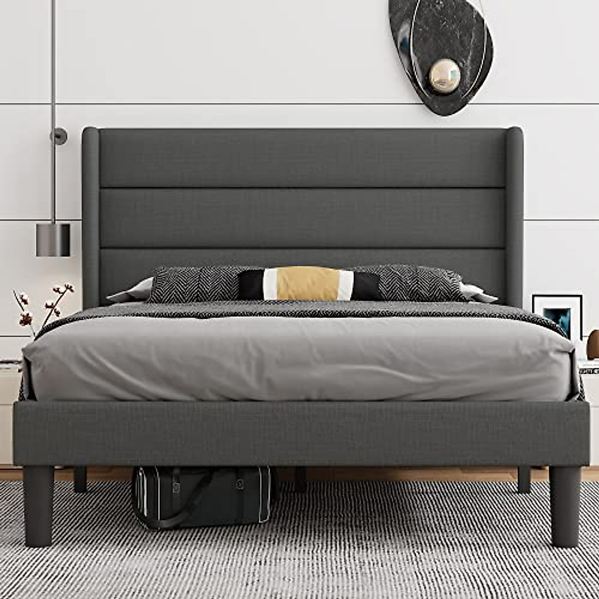 iPormis Queen Upholstered Bed Frame with Wingback, Platform Bed Frame with Storage Headboard, Wood Slats Support, No Box Spring Needed, Noise-Free, Easy Assembly, Dark Gray