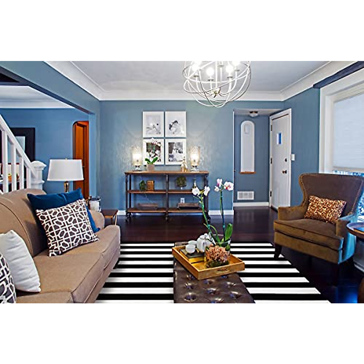 Ckorzen Cotton Black and White Striped Rug 8x10 Reversible Hand-Woven Washable Retro Lattice Striped Outdoor Rugs Black and White Area Rug for Kitchen, Dining Room, Bedroom, Living Room