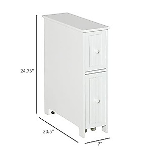 Slim Bathroom Cabinet Freestanding Storage Toilet Paper Holder and Wheels 7 X 20.5 24.75 Inches White Modern Contemporary Rectangular Wood