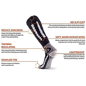 Pure Athlete Ski Socks Warm Merino Wool - Best Lightweight Thin Ski Snowboard Sock Women Men (1 Pair - Black/Orange, Large-X-Large)