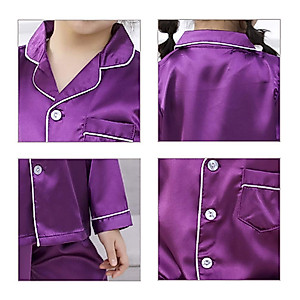 Pajamas Kid Unisex Pjs Set Girls Boys Silk Pajamas Set Satin Long Sleeve 2 Piece Clasic Sleepwear for 2-12 Years Todder Purple