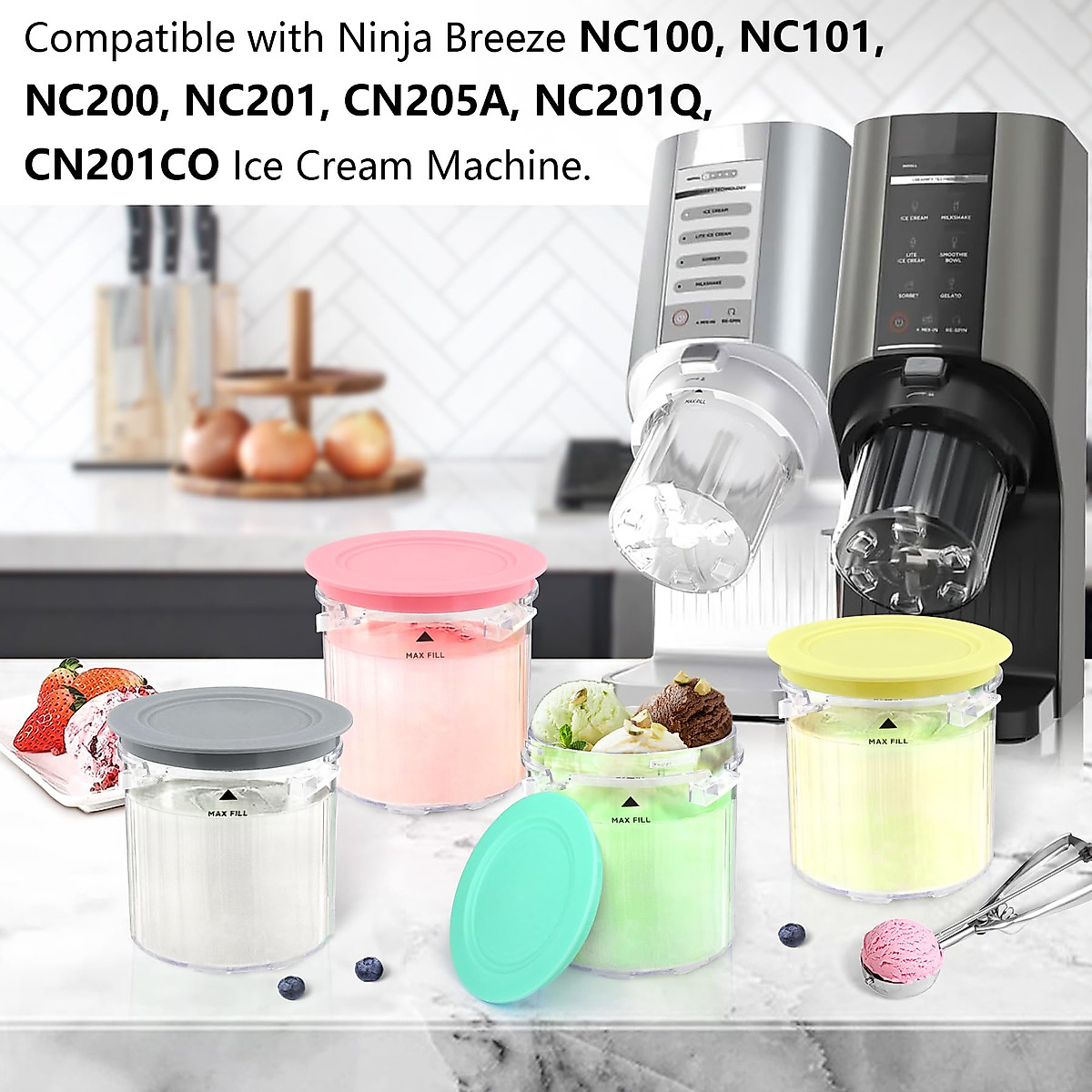 VanlonPro Pints and Lids Replacement for Ninja CREAMi Breeze Containers - 4 Pack, 16oz Cups Compatible with NC200 NC201 NC201Q CN205A NC100 NC101 Series Ninja Creamy Breeze Ice Cream Maker, BPA Free