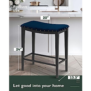 KATDANS Blue Bar Stools Set of 2 Counter Height 24 Inches Backless Barstools for Kitchen Counter Modern Saddle Stools Velvet Nailhead Upholstered Stools, KS718PBL, 2Pcs