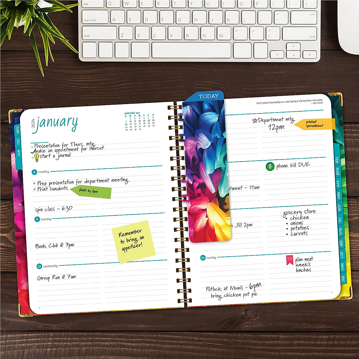 Global Printed Products, HARDCOVER 2024 Planner: (November 2023 Through December 2024) 8.5"x11" Daily Weekly Monthly Planner Yearly Agenda. Bookmark, Pocket Folder & Sticky Note Set (Rainbow Petals)