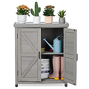 Outdoor Storage Cabinet & Potting Bench Table with Metal Top, Wooden Patio Furniture, Garden Workstation