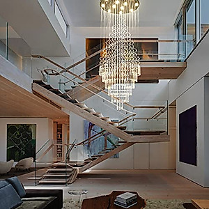 Luxury Large Foyer Chandelier, Modern 12-Lights Round Raindrop Crystal Chandeliers High Ceiling Flush Mount Light Fixtures for LivingRoom Entryway, Stairs D31.5 X H86.7 of CRYSTOP