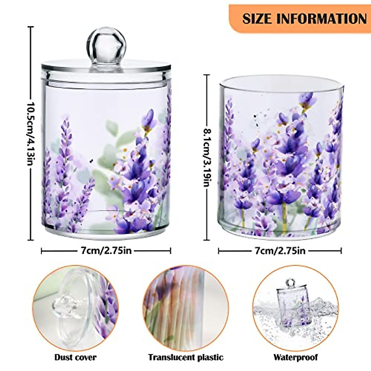 ALAZA Purple Qtip Holder Dispenser 2 Pack Containers for Cotton and Qtips Lavender Cotton Swab Cotton Ball Round Pads Clear Plastic Acrylic Jar Set Bathroom Canister