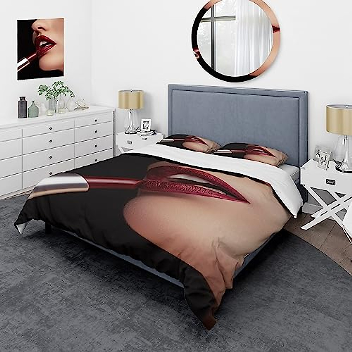 DESIGN ART Designart 'Applying Red Lipstick On Lips' Modern Duvet Cover Comforter Set Twin Cover + Comforter + 1 Sham 3 Piece