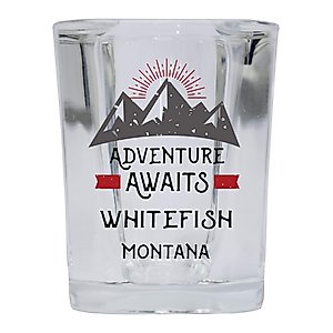 R and R Imports Whitefish Montana Souvenir 2 Ounce Square Base Liquor Shot Glass Adventure Awaits Design
