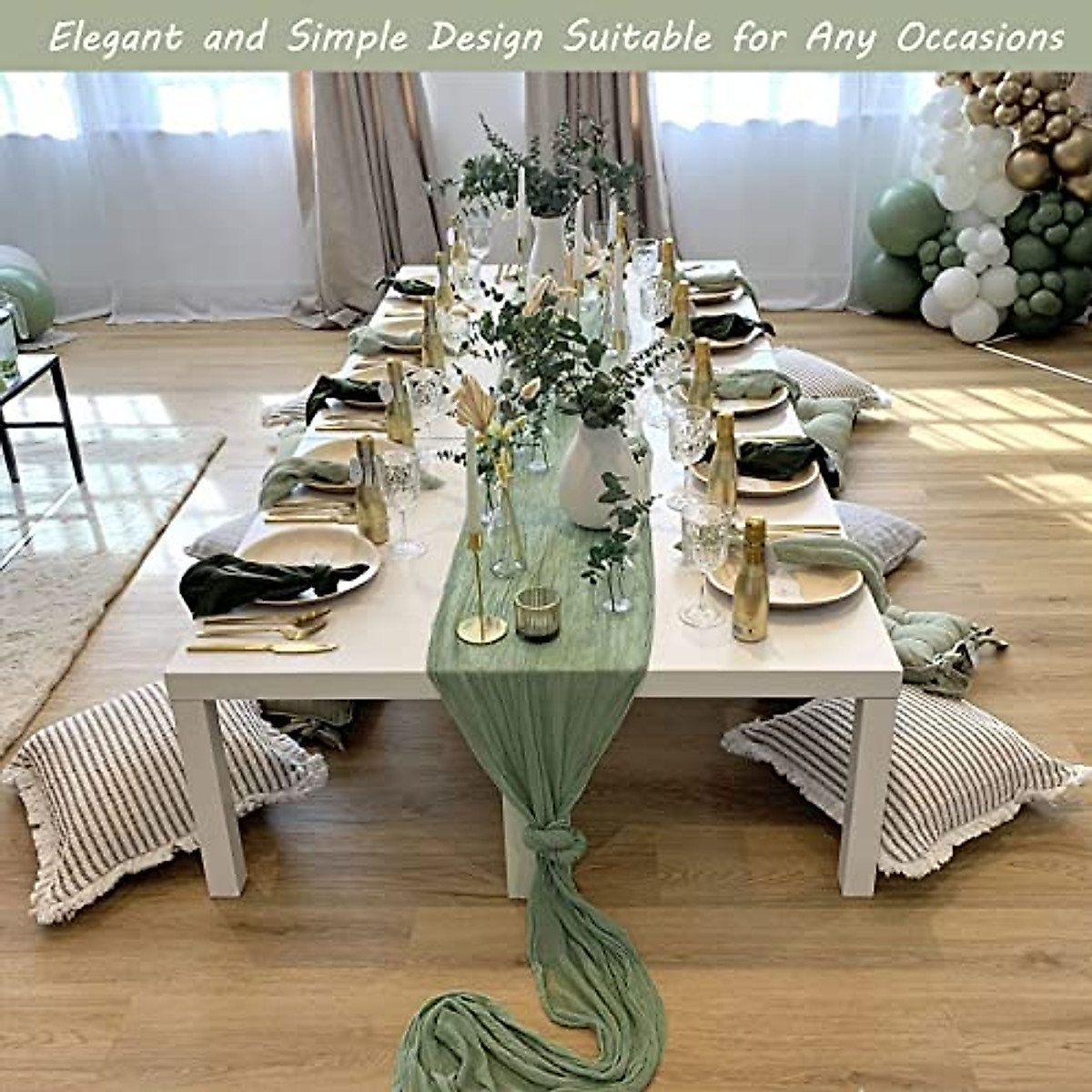 12 Pack 10Ft Cheesecloth Table Runner 35x120 Inch Boho Gauze Table Runner Cheese Cloth Long Table Runner Romantic Table Runner for Wedding Bridal Shower Birthday Party Table Decor (Dusty Sage Green)