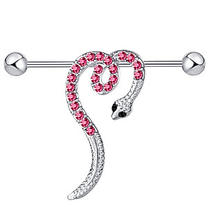 14G Coiled Snake Industrial Barbell Earring, Stainless Steel Cartilage Body Piercing Jewelry- Snake with Pink Rhinestone- Industrial Piercing Bar for Women, 38mm, 3.8x1.6cm (XIF71724627D30BGSMAW6)