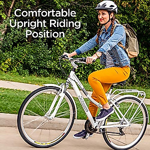 Schwinn Discover Adult Hybrid Bike for Men and Women, 700c Wheels, 21-Speeds, 17-Inch Aluminum Step-Through Frame, Front and Rear Fenders, Rear Cargo Rack, White