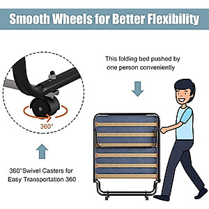 HAPPYGRILL Fold Away Bed, Fold Up Bed with Comfortable Memory Foam Mattress, 4 Universal Wheels, Sturdy Steel Frame,Potable Fold Up Bed for Home & Office, Folding Bed