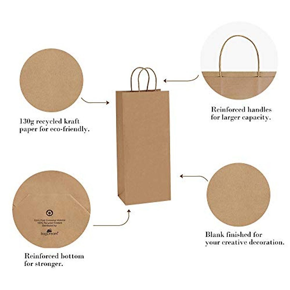 BagDream Kraft Paper Bags 5.25x3.25x13 Inches 50Pcs Wine Bags Paper Gift Bags Kraft Bags Retail Bags Brown Paper Wine Bags with Handles Bulk