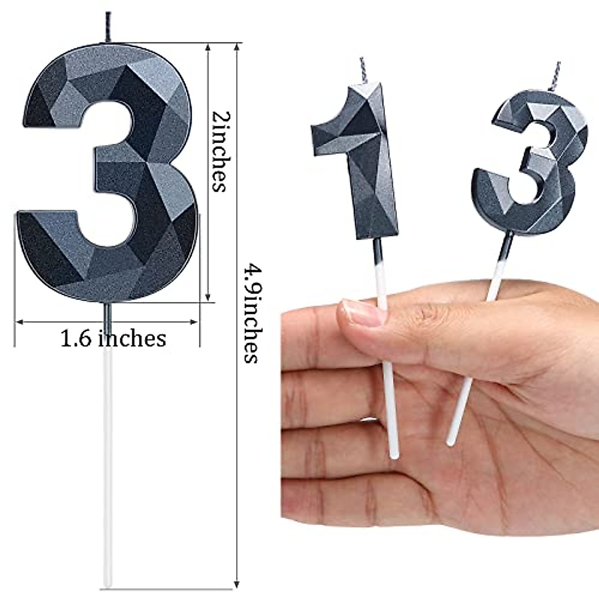 13th Birthday Candles, 3D Diamond Shape Number 13 Candles Happy Birthday Cake Topper Numeral Candles Decoration for Birthday Wedding Party Reunions Theme Party Anniversary Favors (Black)