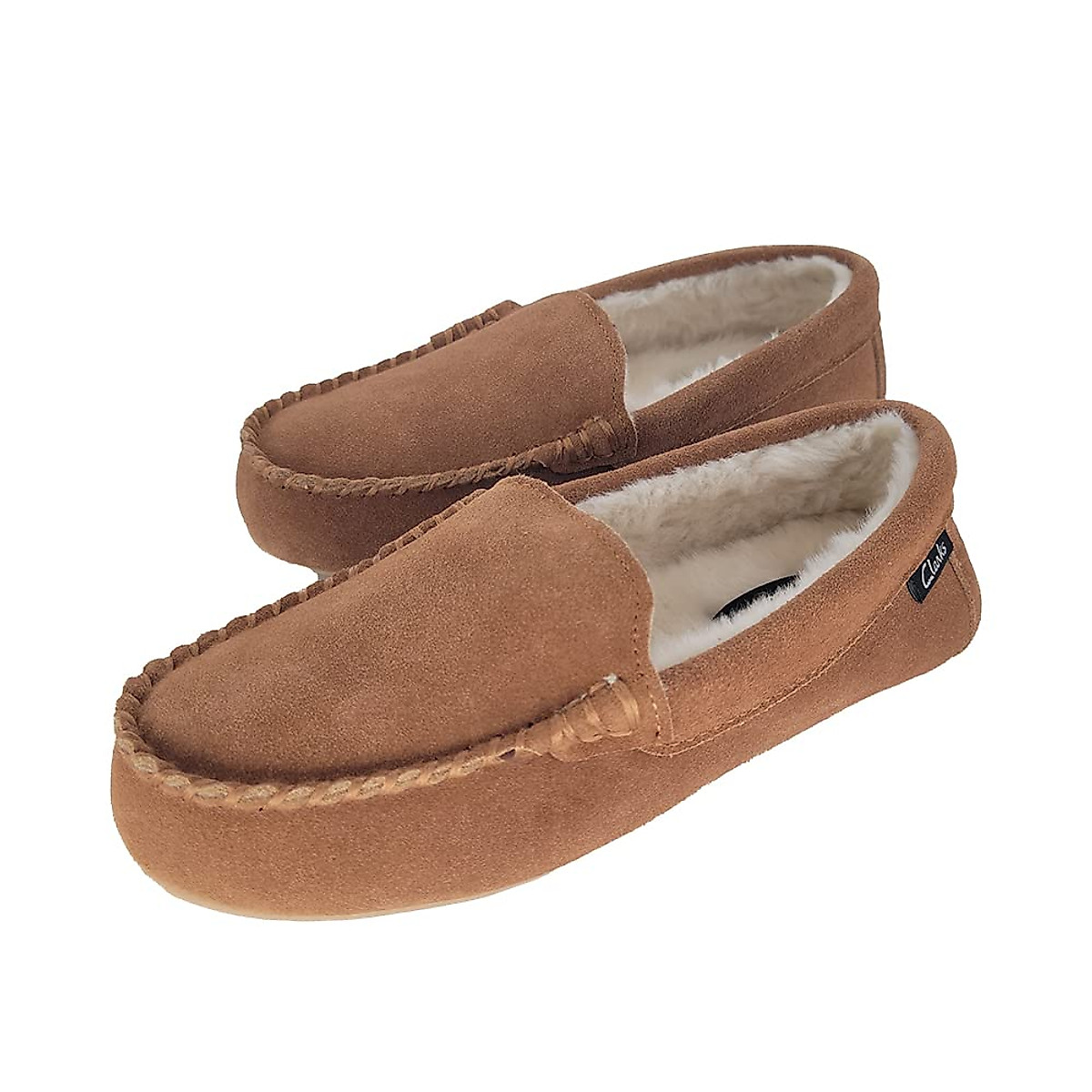 Clarks Women's Venetian Moccasin Slippers, LB0285 Suede IndoorOutdoor Close Back SlipOns with Faux Fur Lining & Gripped TPR Outsole Ladies Cozy Loafers for Driving Lounging & More, Cognac, 8.5