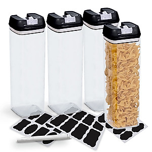 Cheer Collection One Size Airtight Food Storage Containers - Set of 4 IDENTICAL 65 oz Pantry Organizer Bins plus Marker and Labels - Black Lids