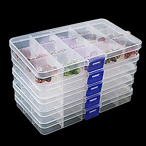 WYKOO 5 Pack 15 Grids Transparent Plastic Bead Organizers, Clear Plastic Jewelry Organizer Box with Movable Dividers, Earring Storage Containers Small Craft Storage Box