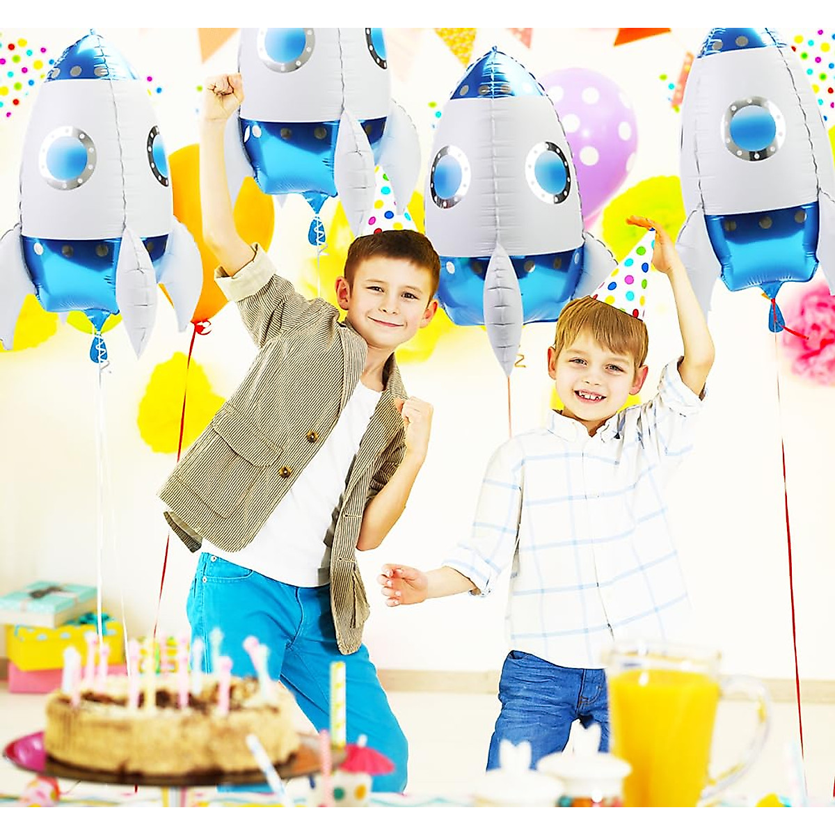 4D 23'' Giant Universe Space Rocket Balloons, Science Fiction Interstellar Rocket Helium Mylar Foil Balloons, 4 Pack Astronaut Theme Outer Space Party Suppliers Birthday Decoration (Blue), with Ribbon