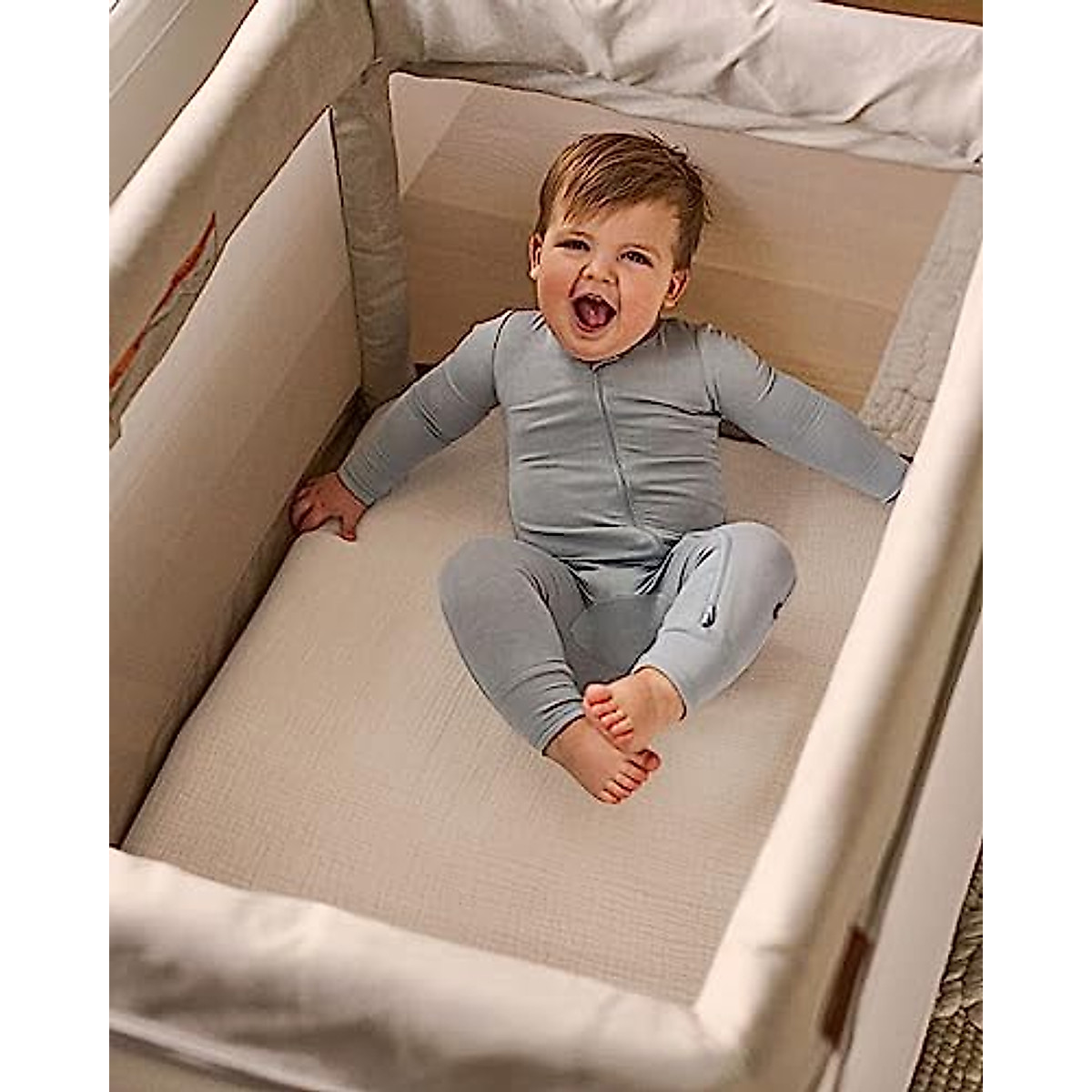 Muslin Pack N Play Sheets Fitted for Pack and Play Mattress and Mini Cribs, Muslin Cotton for Natural Comfort Fitted Baby Boys and Girls, Boho Baby Nursery Design, 2 Pack (Retro Yellow&Beige)