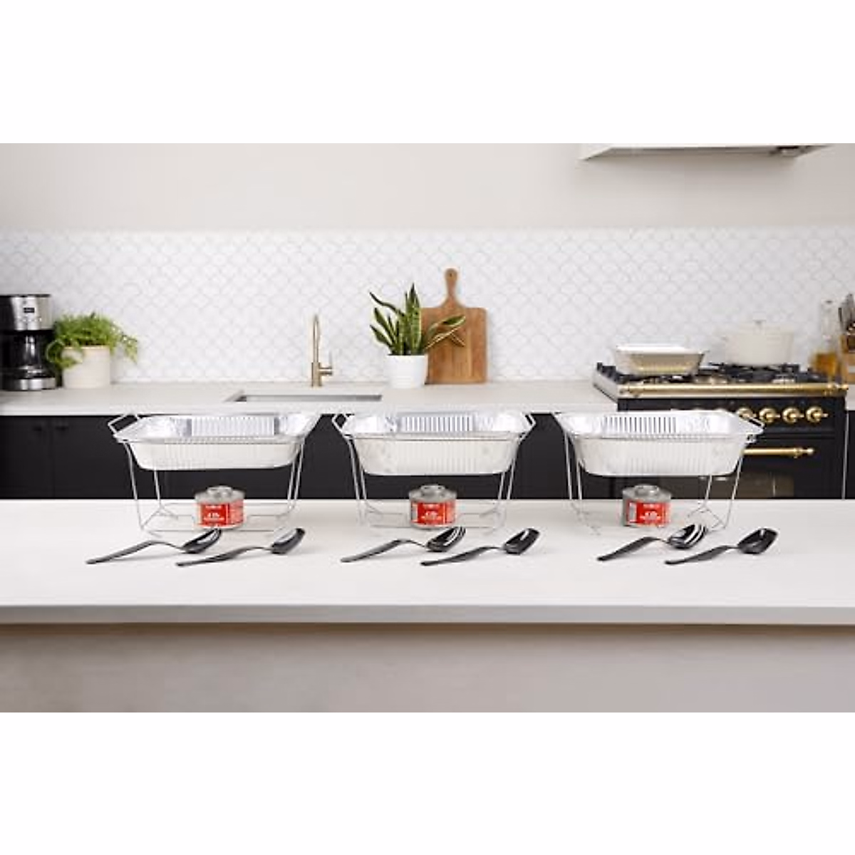 Alpha Living Disposable Chafing Dish Buffet Set, Food Warmers for Parties, 6hr Fuel Cans Complete Set, Half Size Pans, Warming Trays (3 Pack)