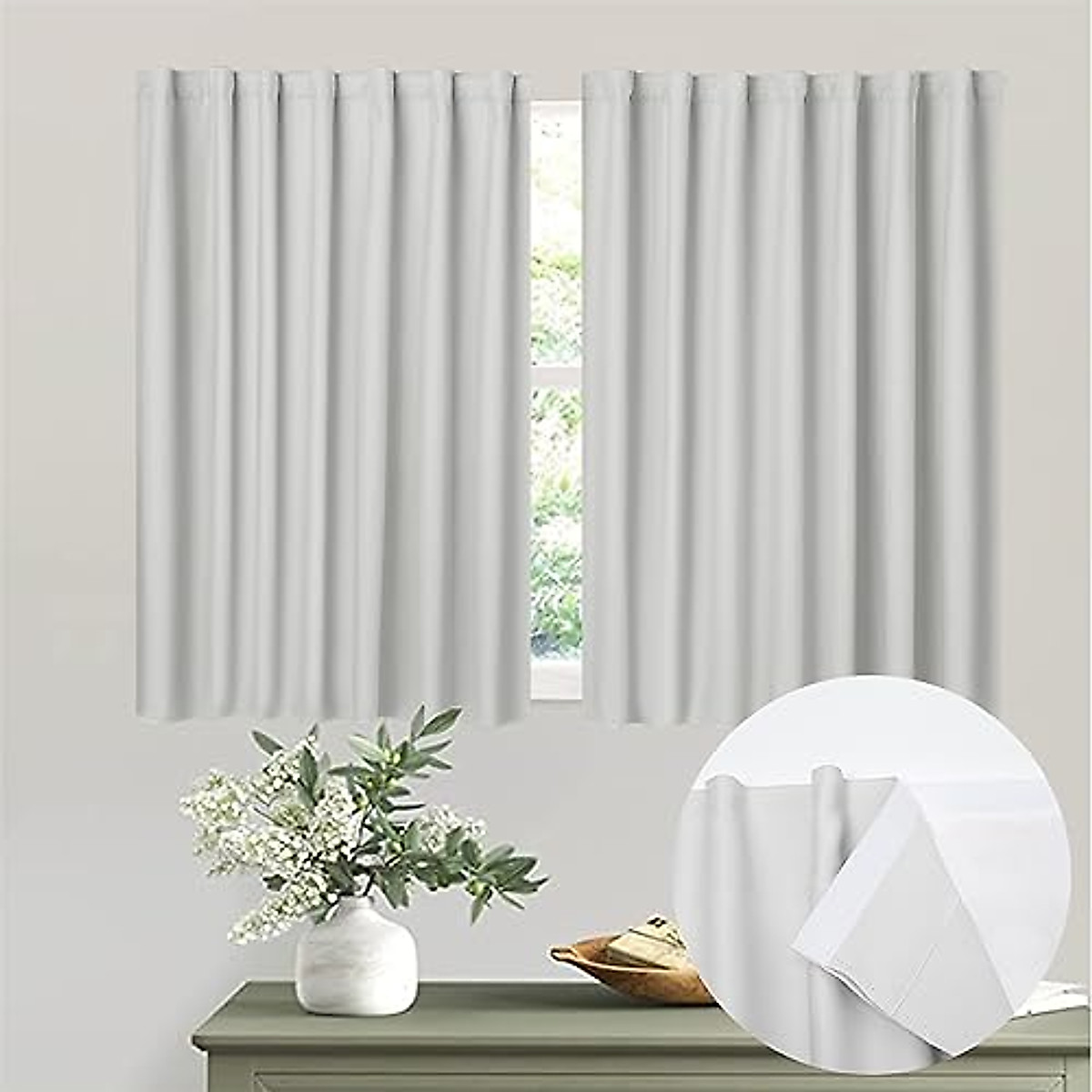 Muamar 2pcs Self Adhesive Small Blackout Curtains with Tiebacks,Portable Curtains for Kitchen Window,Cabinet Curtains Rental Curtains for Privacy Protect White 34" W X 36" L