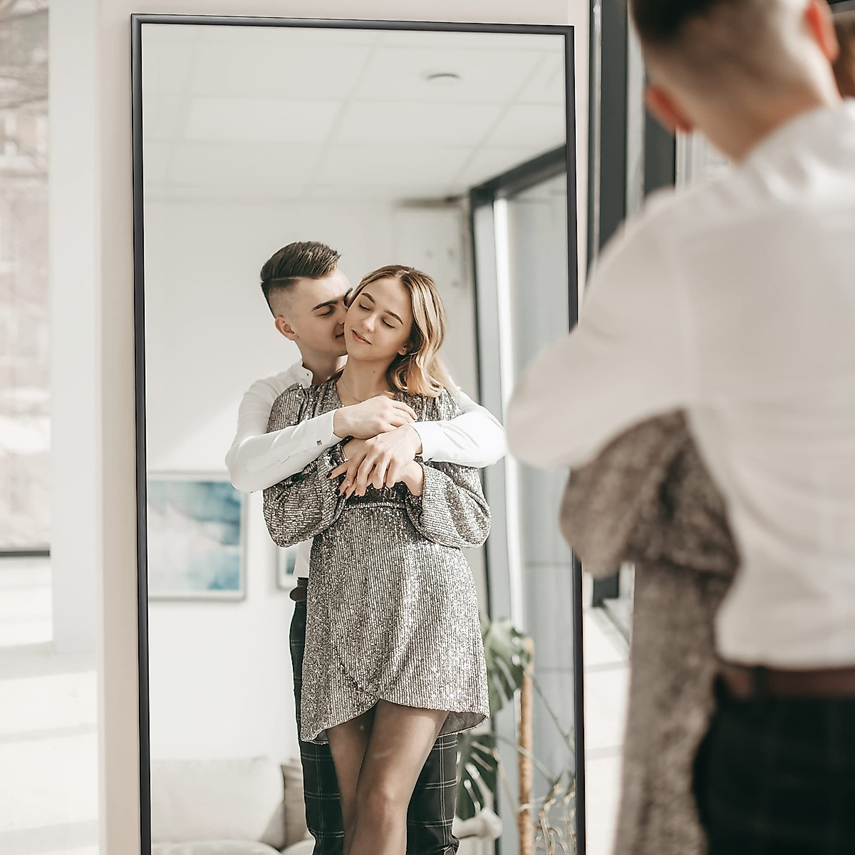 Pexfix Full Length Mirror Hanging Mirror Dressing Mirror Wall-Mounted Mirror with Stand,Full Body Mirror with Aluminum Alloy Thin Frame,Black,65"x22"